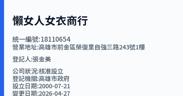 懶女人女衣商行的照片-統編 18110654(高雄市) 公司登記資料與營業項目詳細圖表