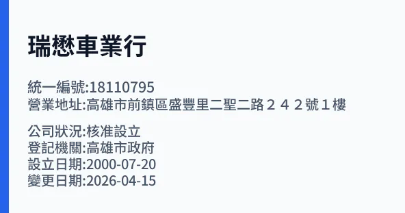 瑞懋車業行的照片-統編 18110795(高雄市) 公司登記資料與營業項目詳細圖表