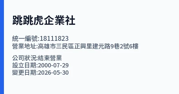 跳跳虎企業社的照片-統編 18111823(高雄市) 公司登記資料與營業項目詳細圖表