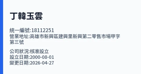 丁韓玉雲的照片-統編 18112251(高雄市) 公司登記資料與營業項目詳細圖表