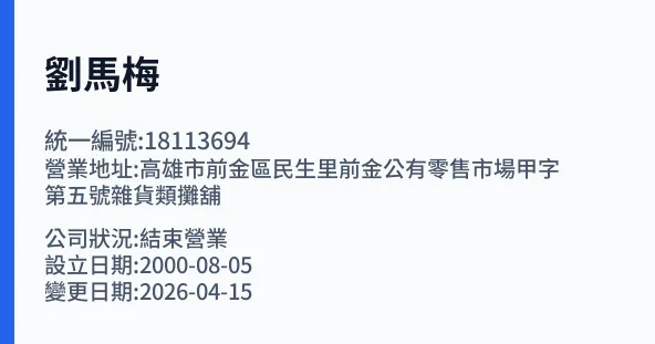 劉馬梅的照片-統編 18113694(高雄市) 公司登記資料與營業項目詳細圖表