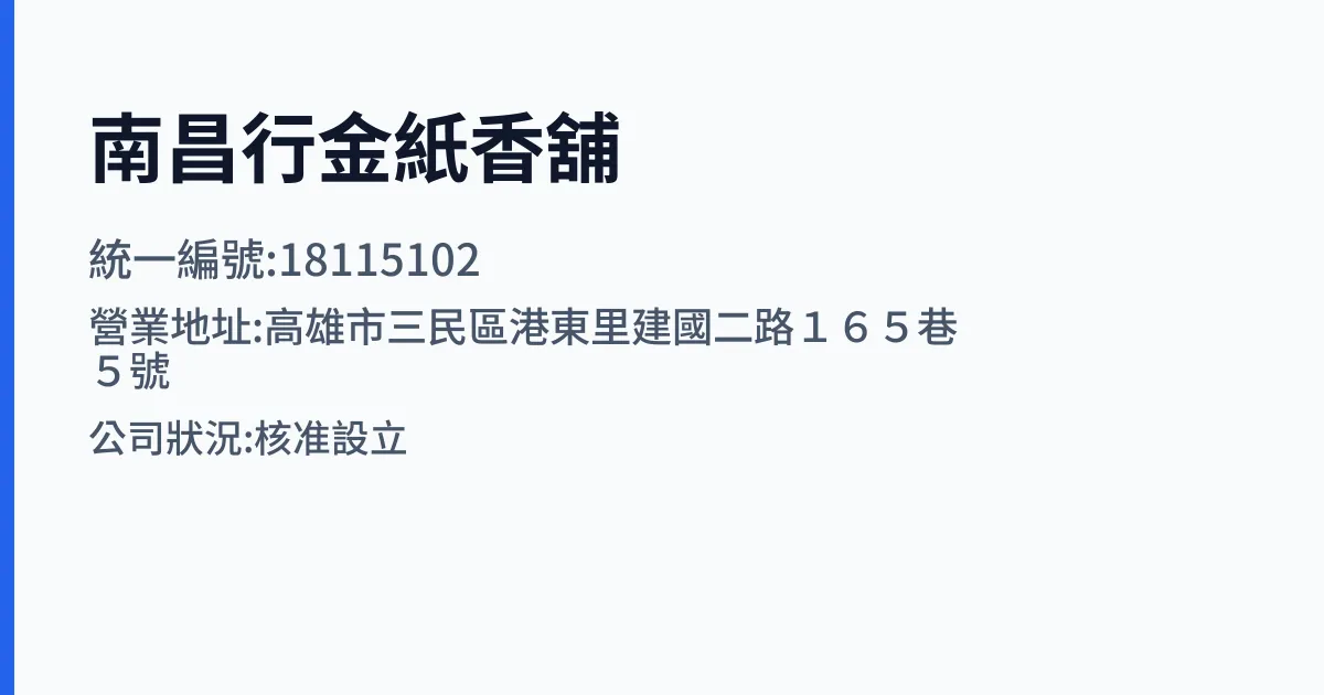 南昌行金紙香舖 - 統編 18115102(高雄市) 公司登記資料與營業項目詳細圖表
