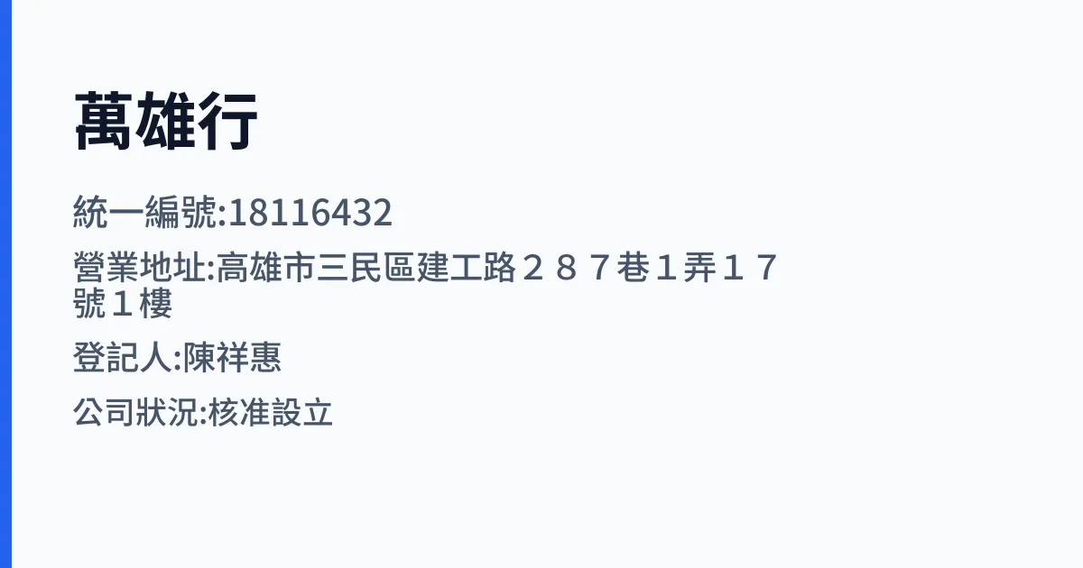 萬雄行 - 統編 18116432(高雄市) 公司登記資料與營業項目詳細圖表