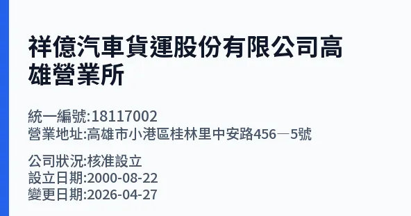 祥億汽車貨運股份有限公司高雄營業所的照片-統編 18117002(高雄市) 公司登記資料與營業項目詳細圖表
