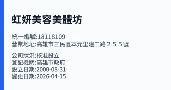 虹妍美容美體坊的照片-統編 18118109(高雄市) 公司登記資料與營業項目詳細圖表