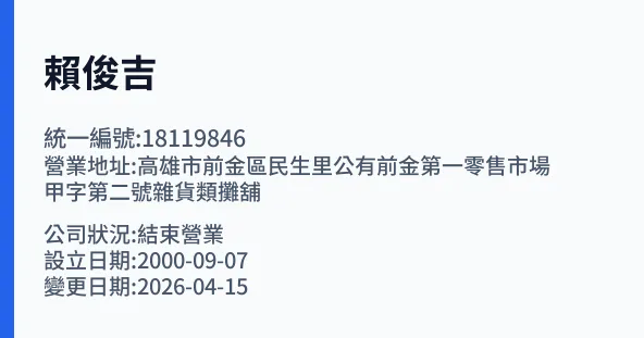 賴俊吉的照片-統編 18119846(高雄市) 公司登記資料與營業項目詳細圖表