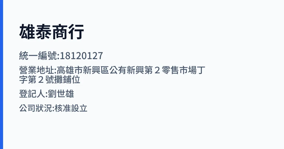 雄泰商行 - 統編 18120127(高雄市) 公司登記資料與營業項目詳細圖表