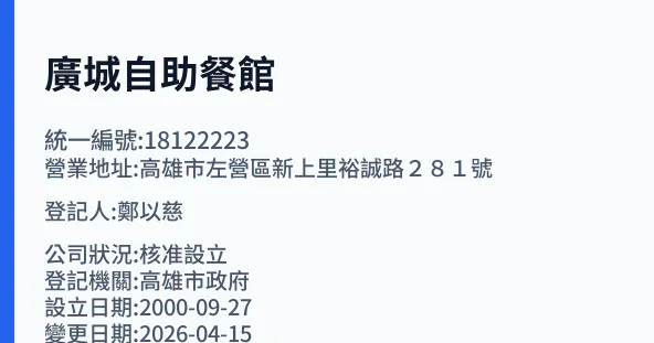 廣城自助餐館的照片-統編 18122223(高雄市) 公司登記資料與營業項目詳細圖表