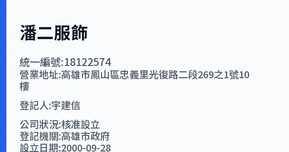 潘二服飾的照片-統編 18122574(高雄市) 公司登記資料與營業項目詳細圖表