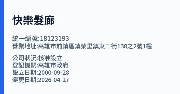 快樂髮廊的照片-統編 18123193(高雄市) 公司登記資料與營業項目詳細圖表