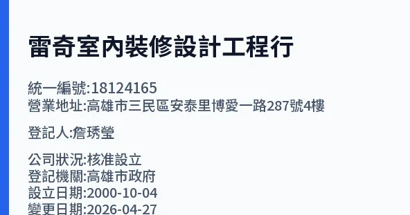 雷奇室內裝修設計工程行的照片-統編 18124165(高雄市) 公司登記資料與營業項目詳細圖表