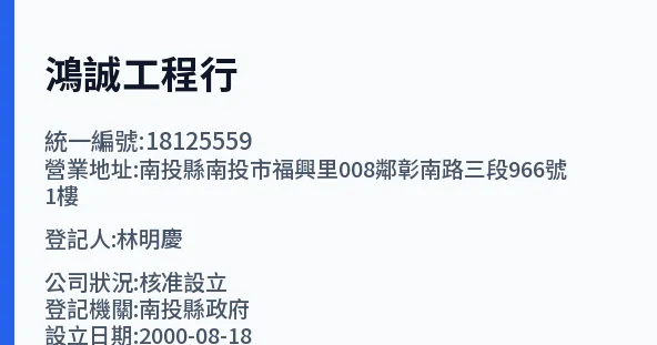 鴻誠工程行的照片-統編 18125559(南投縣) 公司登記資料與營業項目詳細圖表