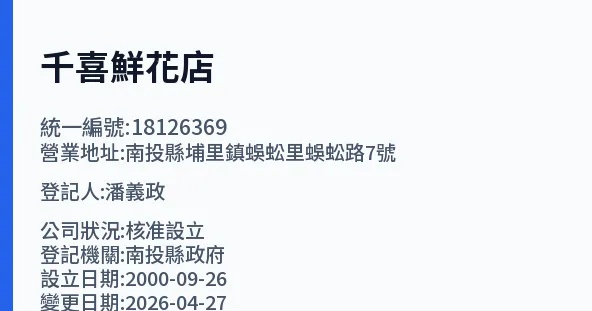 千喜鮮花店的照片-統編 18126369(南投縣) 公司登記資料與營業項目詳細圖表