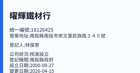 曜輝鐵材行的照片-統編 18126425(南投縣) 公司登記資料與營業項目詳細圖表