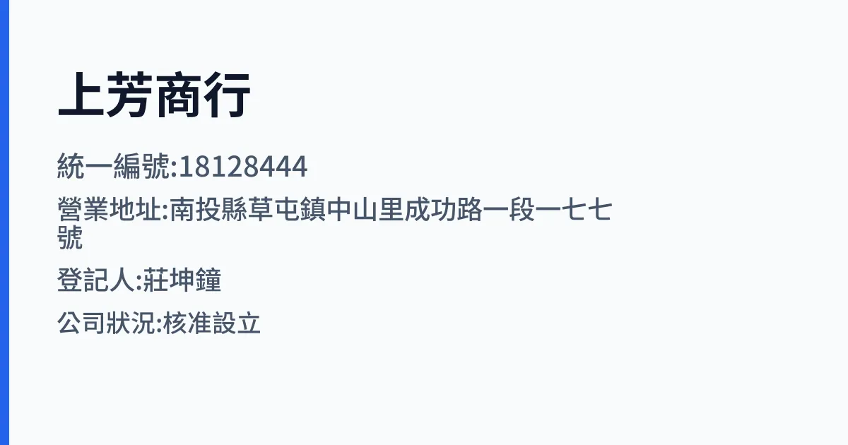 上芳商行 - 統編 18128444(南投縣) 公司登記資料與營業項目詳細圖表