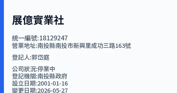 展億實業社的照片-統編 18129247(南投縣) 公司登記資料與營業項目詳細圖表