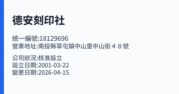德安刻印社的照片-統編 18129696(南投縣) 公司登記資料與營業項目詳細圖表