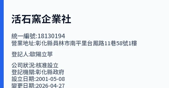 活石窯企業社的照片-統編 18130194(彰化縣) 公司登記資料與營業項目詳細圖表