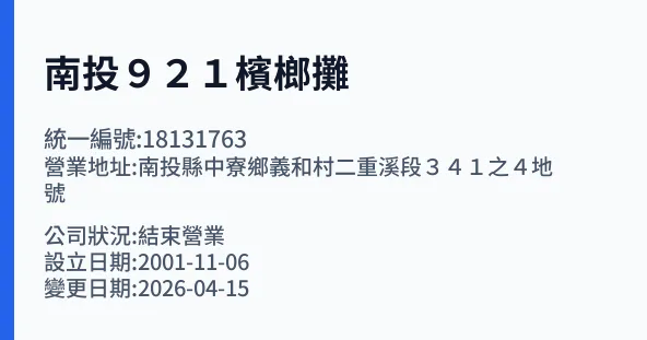 南投９２１檳榔攤的照片-統編 18131763(南投縣) 公司登記資料與營業項目詳細圖表