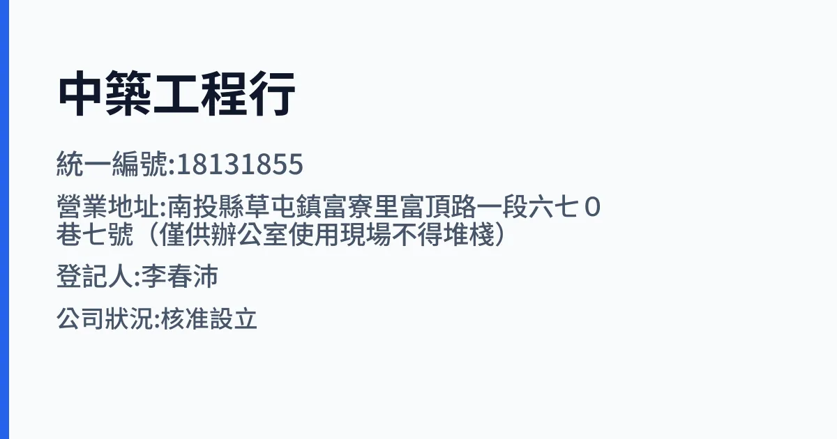 中築工程行 - 統編 18131855(南投縣) 公司登記資料與營業項目詳細圖表