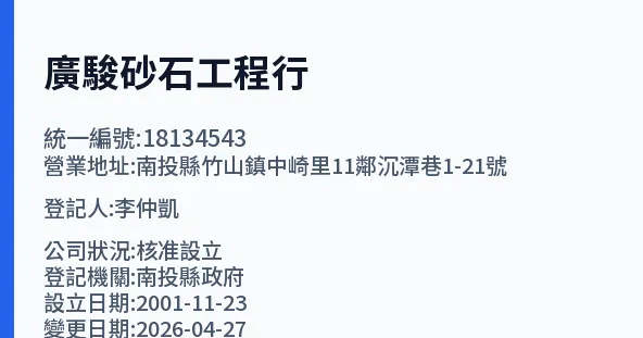 廣駿砂石工程行的照片-統編 18134543(南投縣) 公司登記資料與營業項目詳細圖表
