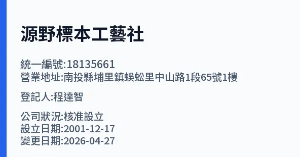 源野標本工藝社的照片-統編 18135661(南投縣) 公司登記資料與營業項目詳細圖表