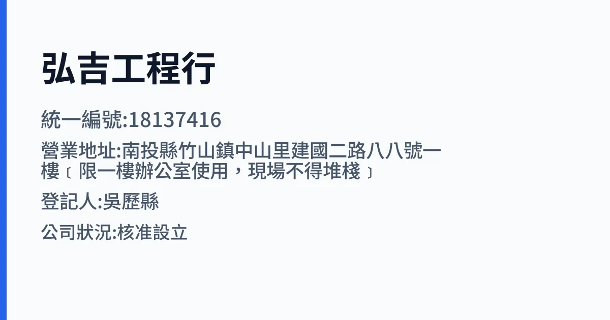 弘吉工程行 - 統編 18137416(南投縣) 公司登記資料與營業項目詳細圖表