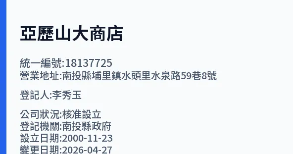 亞歷山大商店的照片-統編 18137725(南投縣) 公司登記資料與營業項目詳細圖表