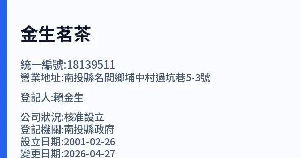 金生茗茶的照片-統編 18139511(南投縣) 公司登記資料與營業項目詳細圖表