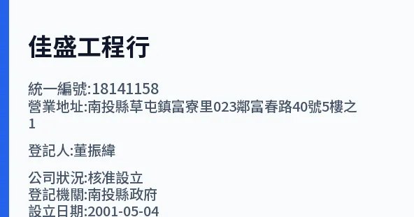 佳盛工程行的照片-統編 18141158(南投縣) 公司登記資料與營業項目詳細圖表