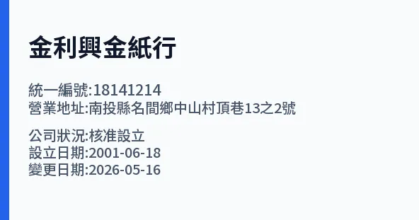 金利興金紙行的照片-統編 18141214(南投縣) 公司登記資料與營業項目詳細圖表