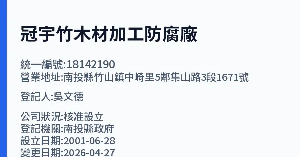 冠宇竹木材加工防腐廠的照片-統編 18142190(南投縣) 公司登記資料與營業項目詳細圖表