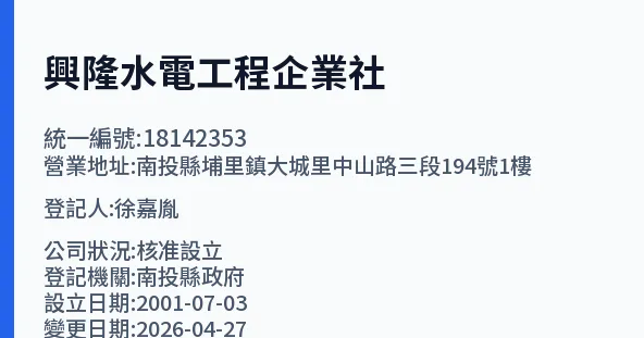 興隆水電工程企業社的照片-統編 18142353(南投縣) 公司登記資料與營業項目詳細圖表
