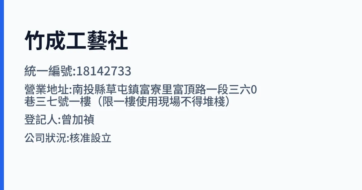 竹成工藝社 - 統編 18142733(南投縣) 公司登記資料與營業項目詳細圖表