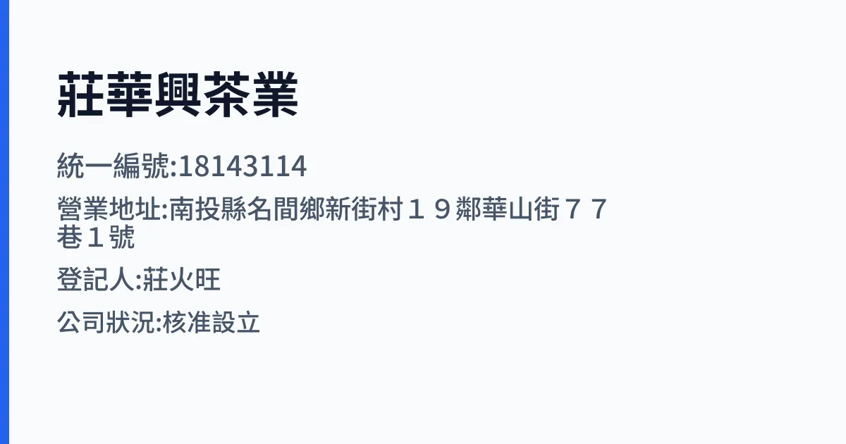 莊華興茶業 - 統編 18143114(南投縣) 公司登記資料與營業項目詳細圖表