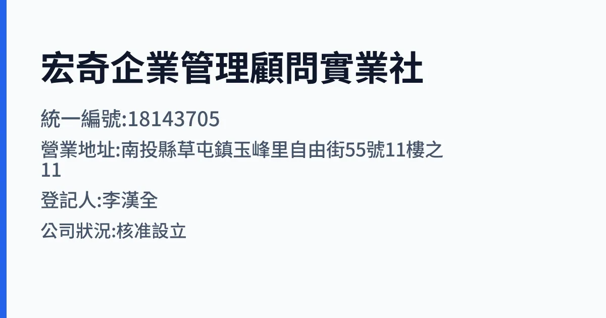 宏奇企業管理顧問實業社 - 統編 18143705(南投縣) 公司登記資料與營業項目詳細圖表