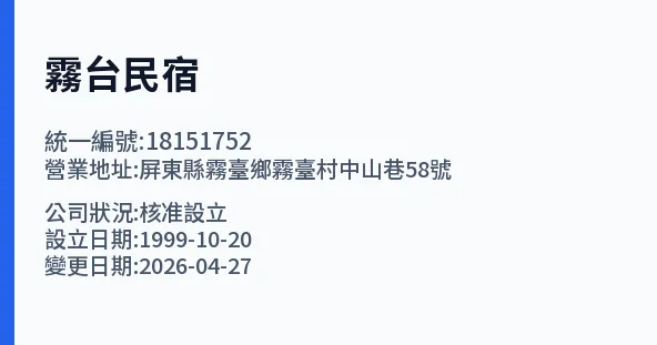 霧台民宿的照片-統編 18151752(屏東縣) 公司登記資料與營業項目詳細圖表