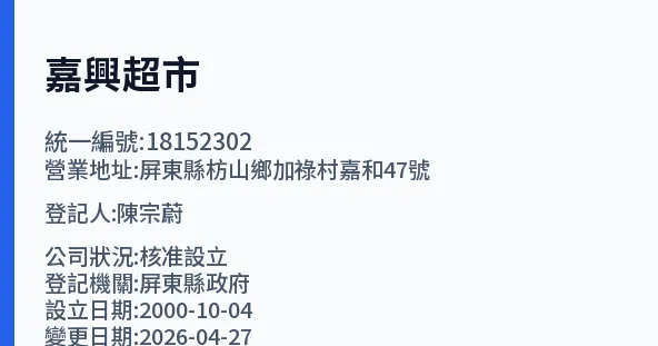 嘉興超市的照片-統編 18152302(屏東縣) 公司登記資料與營業項目詳細圖表