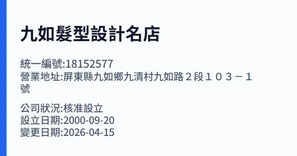 九如髮型設計名店的照片-統編 18152577(屏東縣) 公司登記資料與營業項目詳細圖表