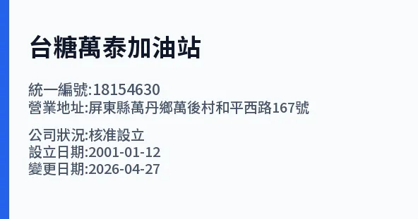 台糖萬泰加油站的照片-統編 18154630(屏東縣) 公司登記資料與營業項目詳細圖表