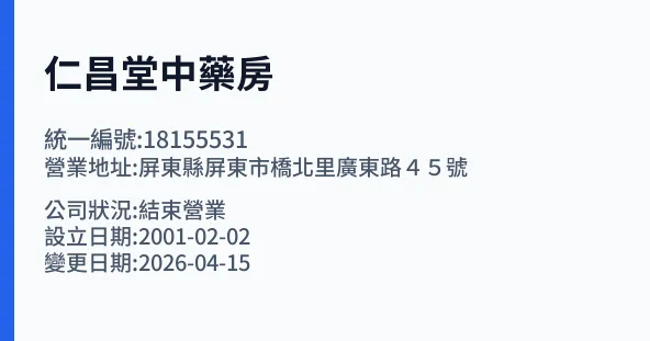 仁昌堂中藥房的照片-統編 18155531(屏東縣) 公司登記資料與營業項目詳細圖表