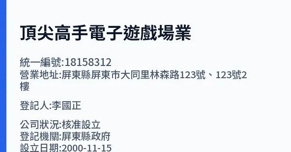 頂尖高手電子遊戲場業的照片-統編 18158312(屏東縣) 公司登記資料與營業項目詳細圖表