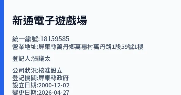 新通電子遊戲場的照片-統編 18159585(屏東縣) 公司登記資料與營業項目詳細圖表