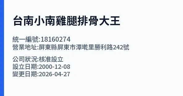 台南小南雞腿排骨大王的照片-統編 18160274(屏東縣) 公司登記資料與營業項目詳細圖表