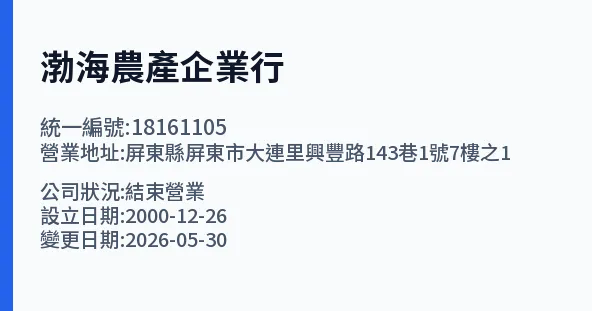 渤海農產企業行的照片-統編 18161105(屏東縣) 公司登記資料與營業項目詳細圖表
