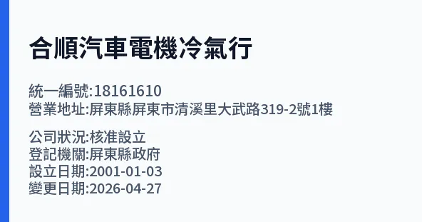 合順汽車電機冷氣行的照片-統編 18161610(屏東縣) 公司登記資料與營業項目詳細圖表