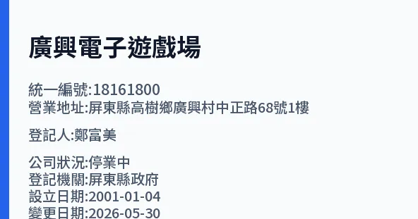 廣興電子遊戲場的照片-統編 18161800(屏東縣) 公司登記資料與營業項目詳細圖表
