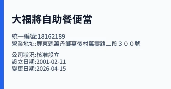 大福將自助餐便當的照片-統編 18162189(屏東縣) 公司登記資料與營業項目詳細圖表
