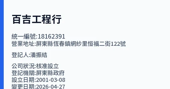 百吉工程行的照片-統編 18162391(屏東縣) 公司登記資料與營業項目詳細圖表
