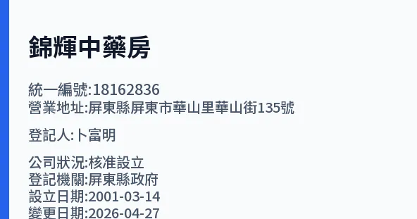 錦輝中藥房的照片-統編 18162836(屏東縣) 公司登記資料與營業項目詳細圖表
